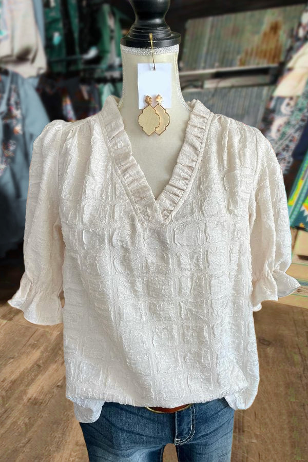 Elegant Textured Ruffle Sleeve V-Neck Top – Tilame