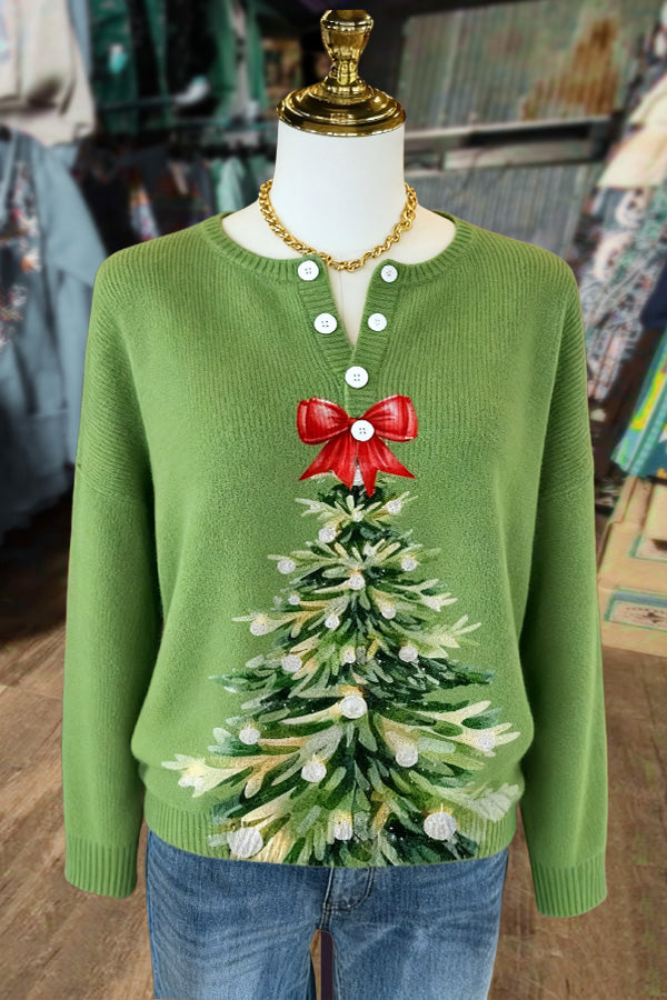 Christmas Tree Pattern Button Detailed Long Sleeve Sweater – Tilame