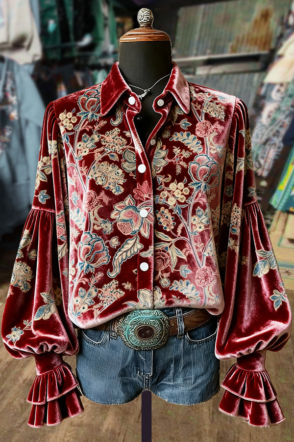Vintage Floral Print Velvet Top – Tilame