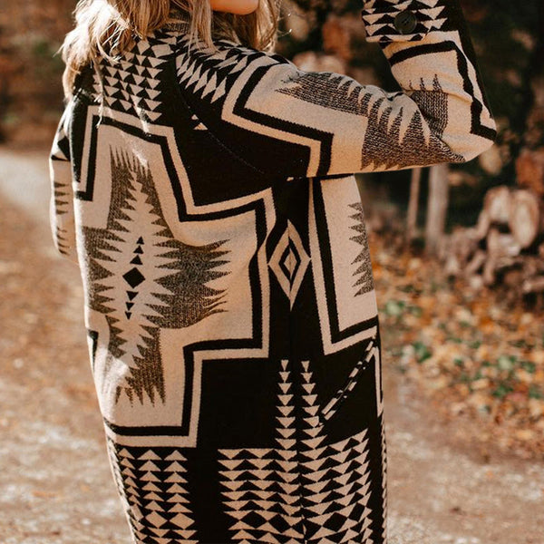 Retro Western Aztec Pattern Shirt Collar Trench Coat – Tilame