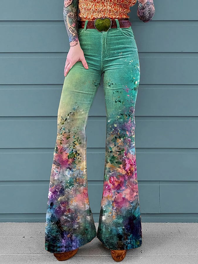 Women's Vintage Floral Print Mid-Rise Button-Hem Bootcut Pants (Withou ...