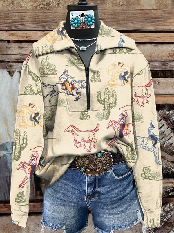 Vintage Western Cactus Rodeo Print Cozy Plush Sweatshirt – Tilame